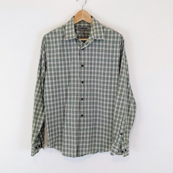 Express | Shirts | Express Fitted Dress Shirt Button Up Green Micro ...